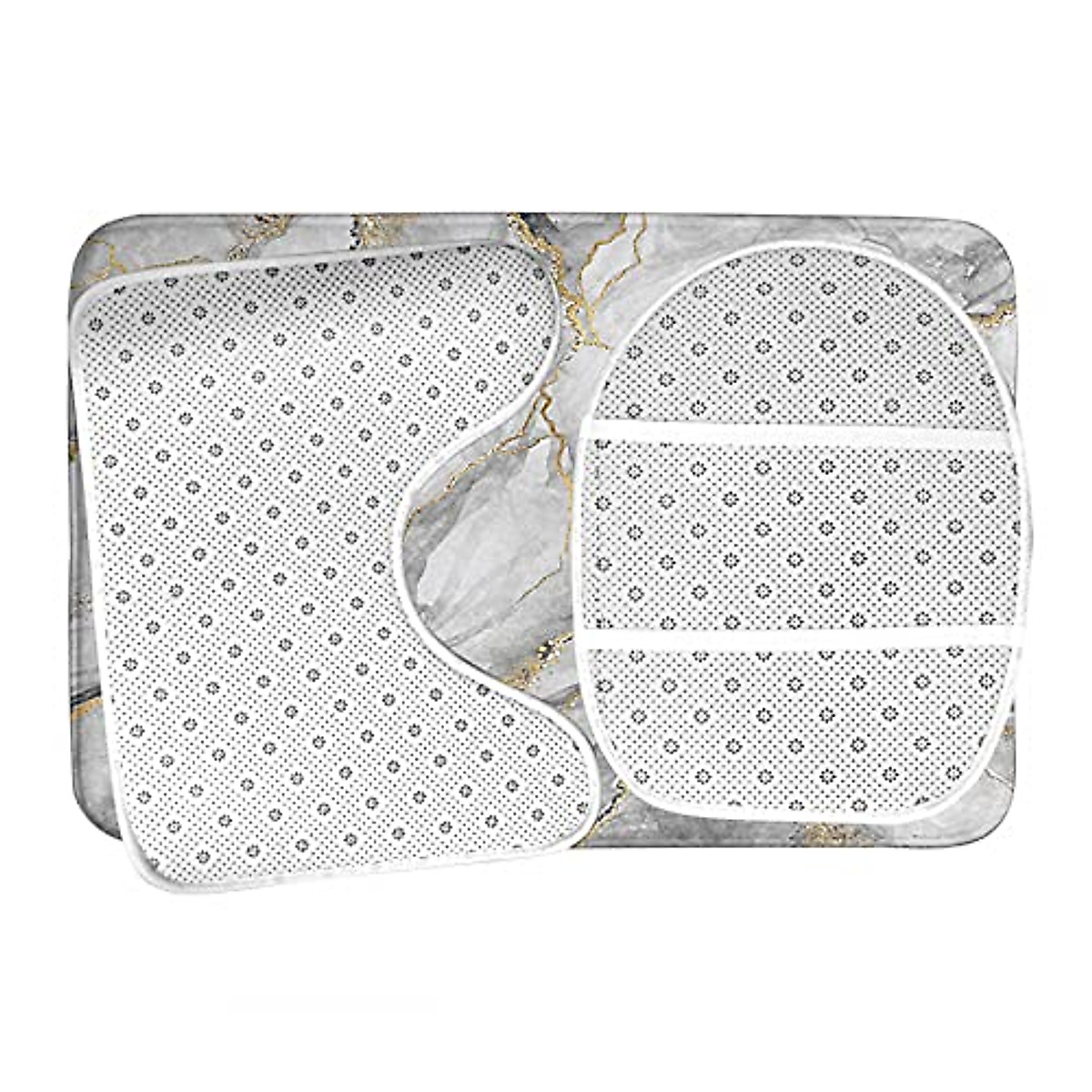Wondertify White Marble Bathroom Antiskid Pad Fashion Marbling Granite Stone 3 Pieces Bathroom Rugs Set, Bath Mat+Contour+Toilet Lid Cover Gold Black Gray