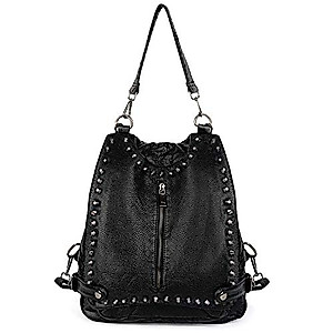 UTO Women Backpack Purse PU Washed Leather Rivet Studded Convertible Ladies Rucksack Shoulder Bag Black