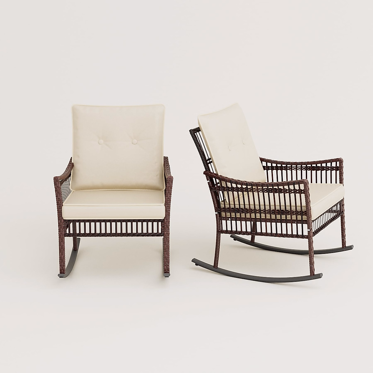 BALDPER 3 PCS Patio Conversation Chair Set with Coffee Table, Rocking Bistro Set, Outdoor Rocking Chairs Set, Wicker Furniture for Porch Deck Garden Poolside, Beige