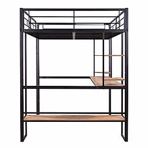 SOFTSEA Full Loft Bed with Desk and Storage Shelves High Metal Loft Bunk Bed with Ladder, No Box Spring Needed