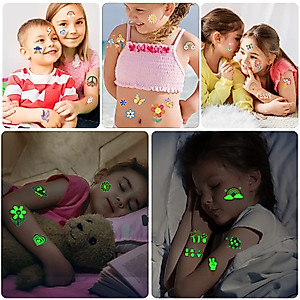 Konsait Groovy 70s Temporary Tattoos for Kids, 90 Pcs Glow in Dark Hippie Tattoos Stickers Flower Rainbow Butterfly Love and Peace Face Tattoos for Girls Flower Power Birthday Party Favor Supplies
