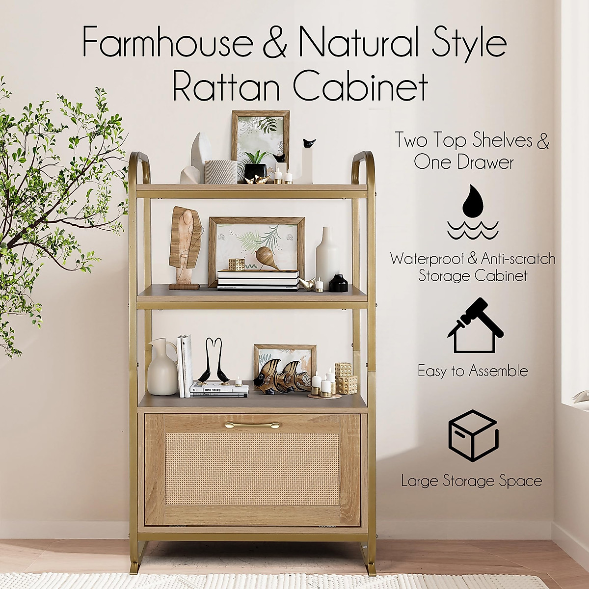 Oakrain Storage Cabinet, Kitchen Storage Cabinet with Door and Shelves, Farmhouse Rattan Cabinet Freestanding Storage Shelves for Kitchen, Bathroom, Home, Living Room