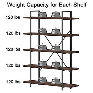 IBF 5 Tier Solid Wood Bookshelf, Industrial Natural Real Wood Metal Tall Bookcase, Modern Rustic Large Open Book Shelf Storage, Farmhouse Wide Etagere Bookcase for Office Living Bedroom, Rustic Gray