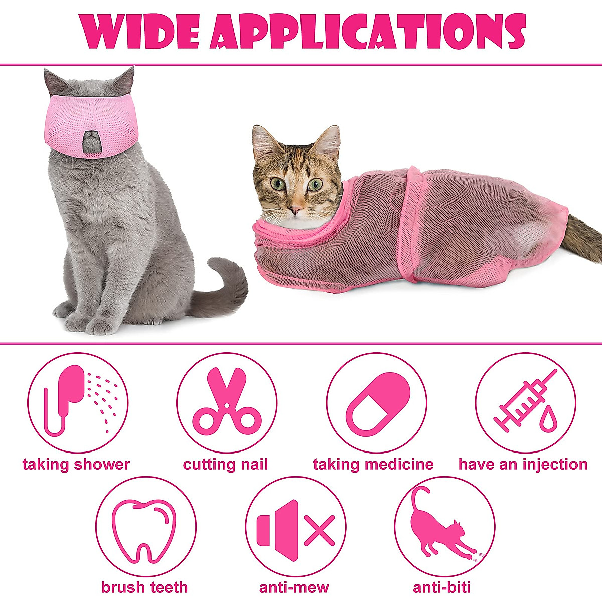 Patelai 5 Pcs Cat Bathing Bag Set Cat Grooming Bag Adjustable Pet Shower Net Bag Muzzles Nail Clipper Tick Remover Tool Massage Brush (Pink)