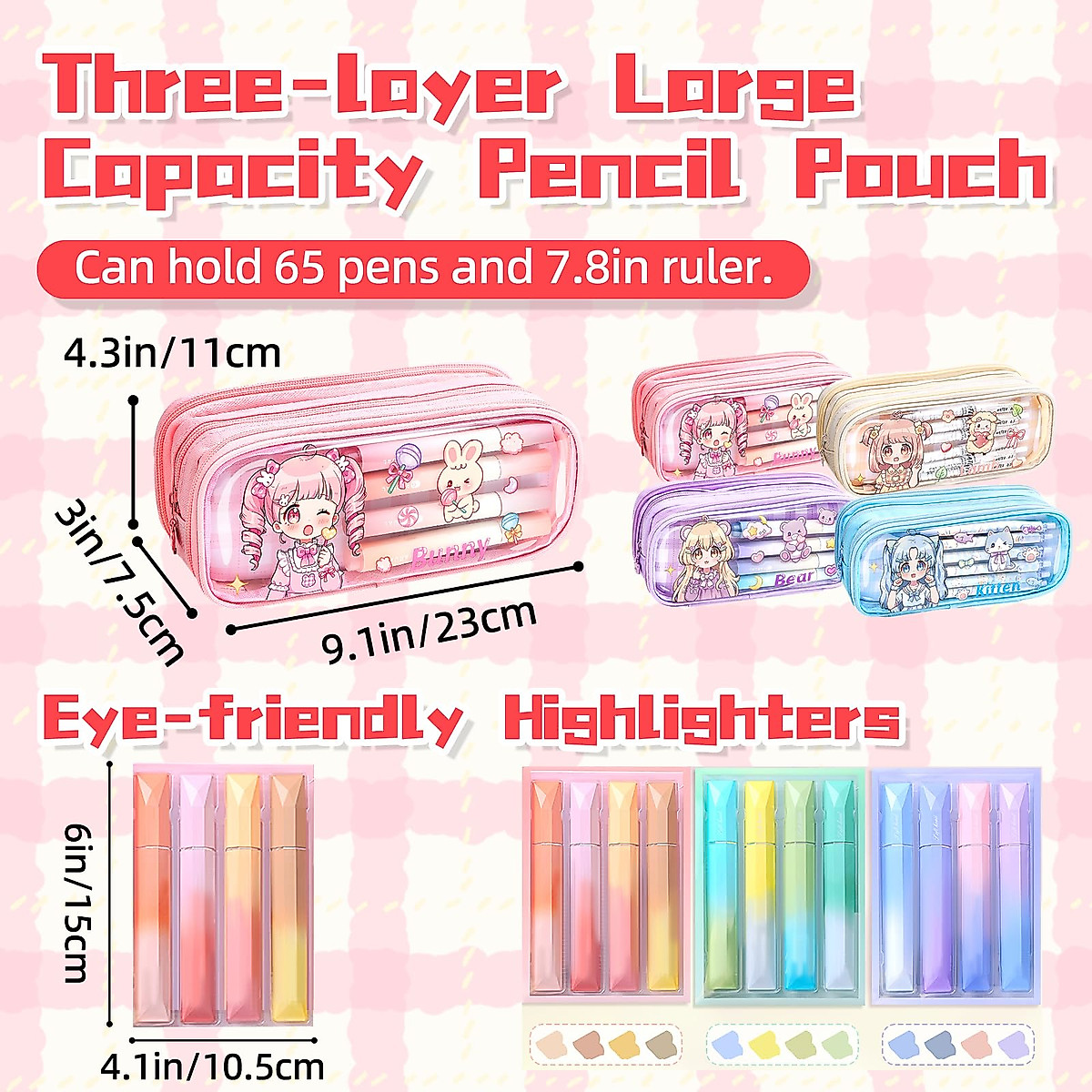 MILLEVIBE ITA Pencil Pouch Kawaii Large Capacity Pen Case : Cute Aesthetic Pencil Box Stationery Supplies for Teen Girls, 4 Included Highlighters (Pink)