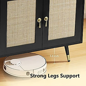 Buffet Cabinet with Storage, 55” Black Kitchen Cabinet with 4 Handmade Natural Rattan Doors, Black Sideboard Storage Cabinet with 2 Drawers for Dining Living Room