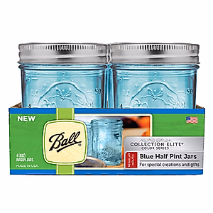 Ball Regular Mouth Elite Collection Half Pint Mason Jars with Lids and Bands, 8-Ounces, Blue (4-Pack)