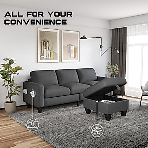 Yattem Convertible Sectional Sofa Couch:Dark Grey 3 Seat L Shaped Sofa Couch with Storage Movable Ottoman and Pockets—Modern Linen Fabric Upholstered Sofa Set for Living Room Small Space Apartment
