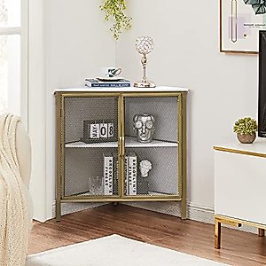 VECELO Corner Cabinet Table with 3-Tier Shelf, Freestanding Storage Organizer for Small Space in Living Room/Bedroom/Kitchen, Two Doors, Gold