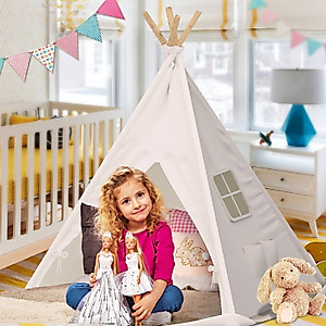 Kids Teepee Tent with Padded Mat & Light String, Washable Foldable Play Tent, Natural Cotton Canvas Teepee Indoor Outdoor Playhouse for Toddler, for 3 4 5 6 7 8 9 10 Boys and Girls