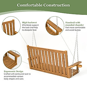 Poly Lumber Porch Swing with Cup Holders, 18/8 Stainless Steel Hanging Chains and Hardware, High Backrest and Deep Contoured Seat, Heavy Duty 900 LBS, All-Weather Resistant Bench Swing (Brown)