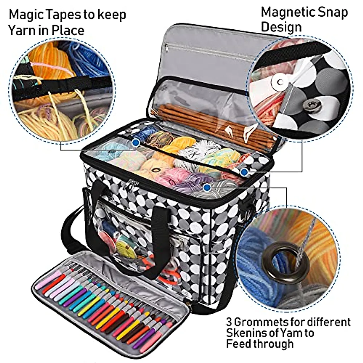 Knitting Bag, Yarn Tote Organizer with Cover and Ajustable Inner Divider for Crochet Hooks, Knitting Needles(up to 14”), Yarn Storage Bag for Carrying Projects and Supplies(No Accessories Included)