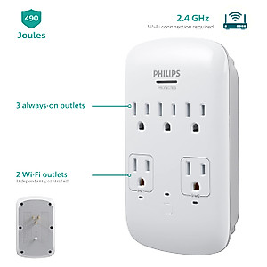 Philips 5-Outlet Extender Smart Surge Protector, Wall Tap, 2 Independent Wi-Fi Outlets, 3-Prong, 490 Joules, Voice Controlled Through Amazon Alexa and Google Assistant, ETL Listed, White, SPP3461WF/37