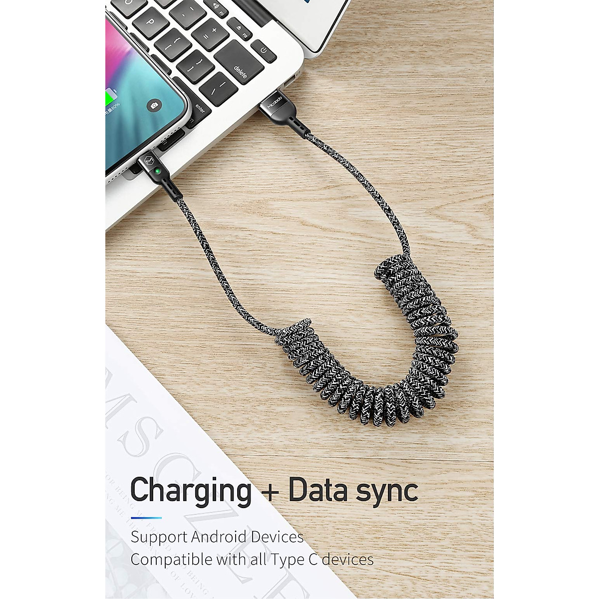 mcdodo [Type-C] Anti Winding Cable, Quick Charge QC 4.0 USB C Charging Data Coiled Cable Nylon Braided LED Compatible with Phone 15/15 Pro Max/Samsung Galaxy S20 S10 S9 S8 Plus Note10 LG Google Pixel