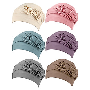 JenPen 6 Pieces Women Turban Flower Caps Chemo Headwear Cap Vintage Soft Turbans Beanies Headscarf Elastic Headwrap Hat (Bright Color,Delicate Style)