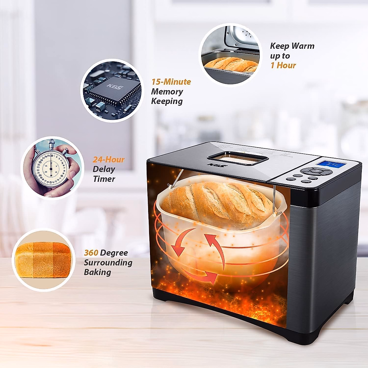 KBS 2LB Bread Maker, 19-in-1 Automatic Bread Machine Stainless Steel with Ceramic Pan,15H Timer&1H Keep Warm, Sourdough, Gluten-Free, 650W Bread Maker Machine with 3 Loaf Sizes 3 Crust Colors, Recipes