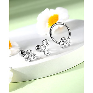 Melighting 3pcs Bee Cartilage Earrings 316L Surgical Steel 16G Septum Jewelry Helix Earrings Honeycomb Tragus Earring Stud for Women Daith Piercing Conch Earring