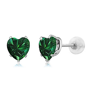 Gem Stone King 10K White Gold Green Simulated Emerald Stud Earrings For Women (1.36 Cttw, Heart Shape 6MM)