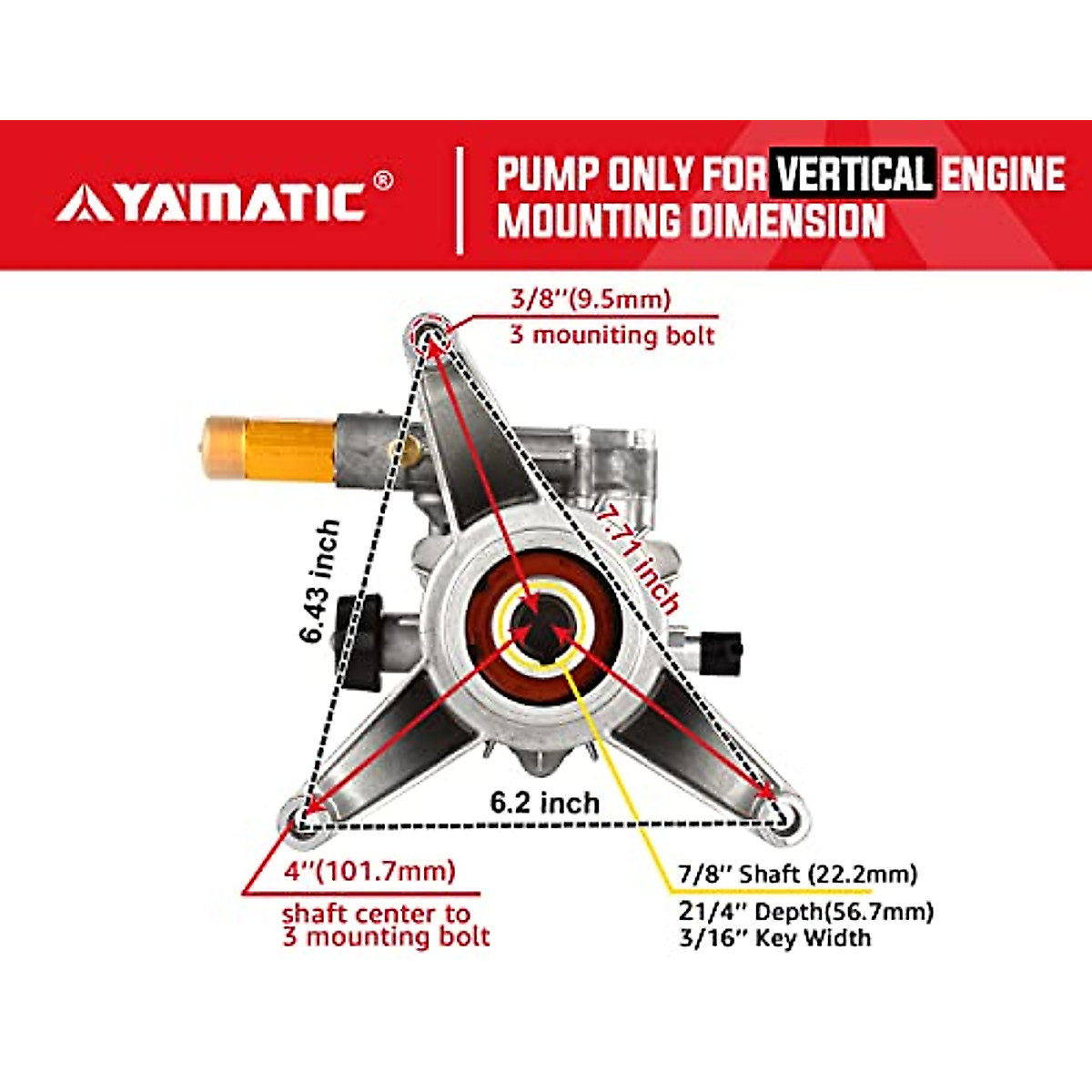YAMATIC 7/8" Shaft Vertical Pressure Washer Pump 3000 PSI @ 2.5 GPM Replacement Pump for Power Washer, Replacement with Troybilt, Craftsman, Ryobi, Honda, Rear Facing Inlet/Outlet