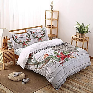 TocaHome Duvet Cover Twin Size, 4 Pieces Comforter Cover Set, Merry Christmas Pine and Bird on Vintage Wood Grain Soft Bedding Sets - 1 Twin Duvet Cover, 1 Bed Sheet and 2 Pillowcases