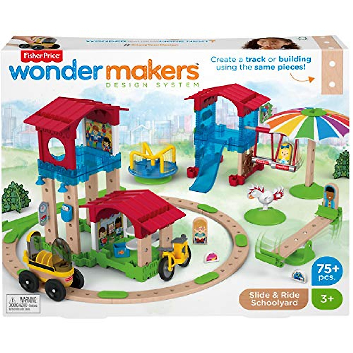 Fisher-Price Wonder Makers Slide & Ride Schoolyard - 75+ Piece Building and Wooden Track Play Set for Ages 3 Years & Up
