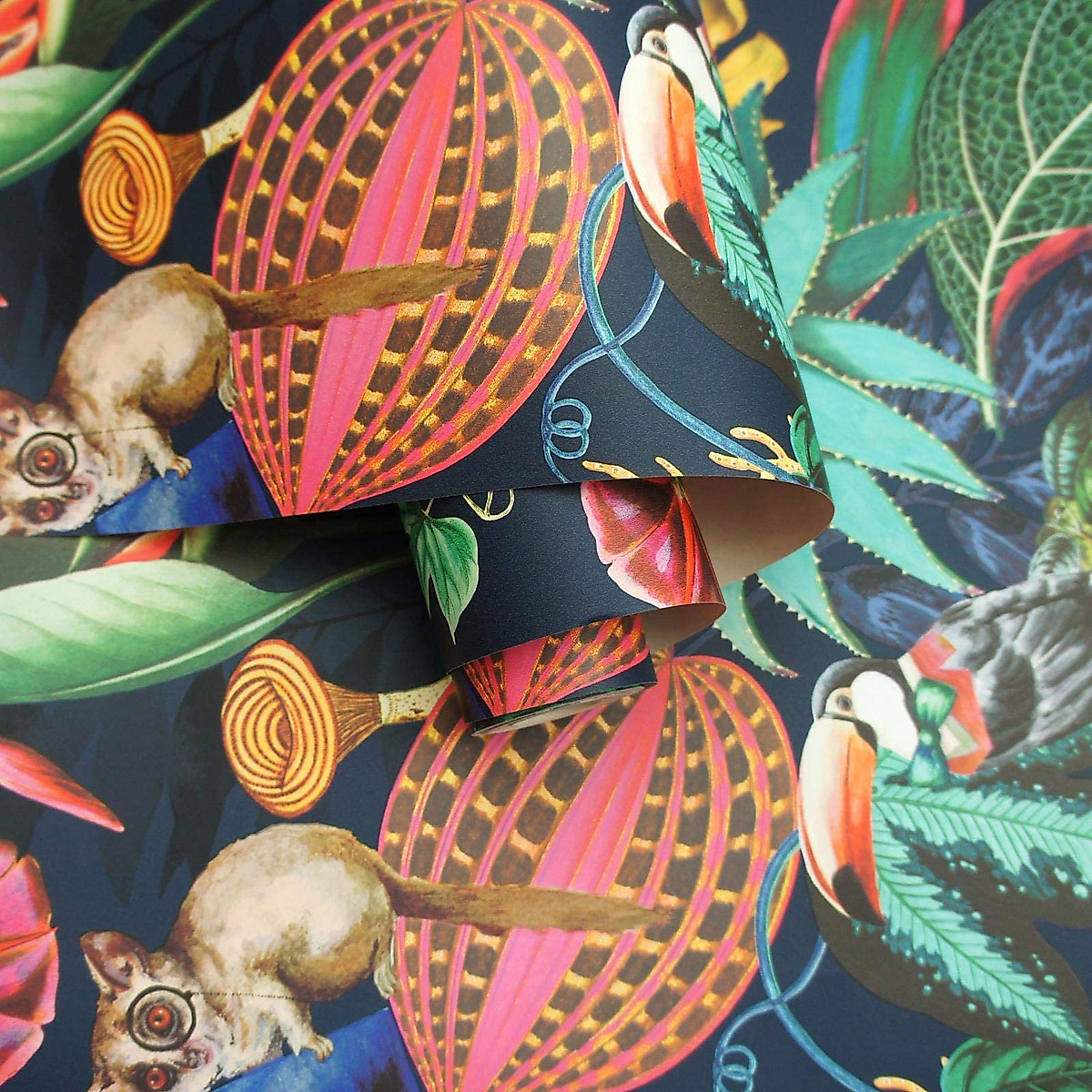 Wonderland Tropical Exotic Fantasy Themed Animal Plant Flower Printed Wallpaper Colourful Chameleon Toucan Tropical Foliage Flowers Navy Blue Holden WOW035