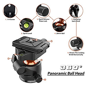 GEEKOTO 64" Camera Tripod, Compact Aluminum Tripod with 360 Degree Panorama Ball Head 1/4 inch Quick Release Plate, DSLR Tripod Suitable for SLR Cameras