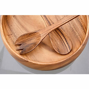 PACIFIC MERCHANTS Acaciaware Acacia Wood 10" x 4" Round, Sustainable, Eco-Friendly, Salad Bowl with Salad Servers, Wooden Salad Bowl