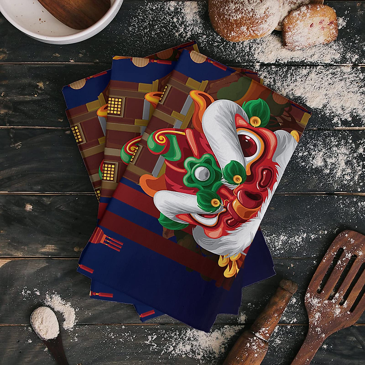 Hokiten Kitchen Towel Set, Lion Dance Fast Drying Microfiber Kitchen Towels Dish Cloths, Tea Towels/Bar Towels/Hand Towels Chinese New Year Picture Tradition Art (Set of 4, 18x28 Inch)