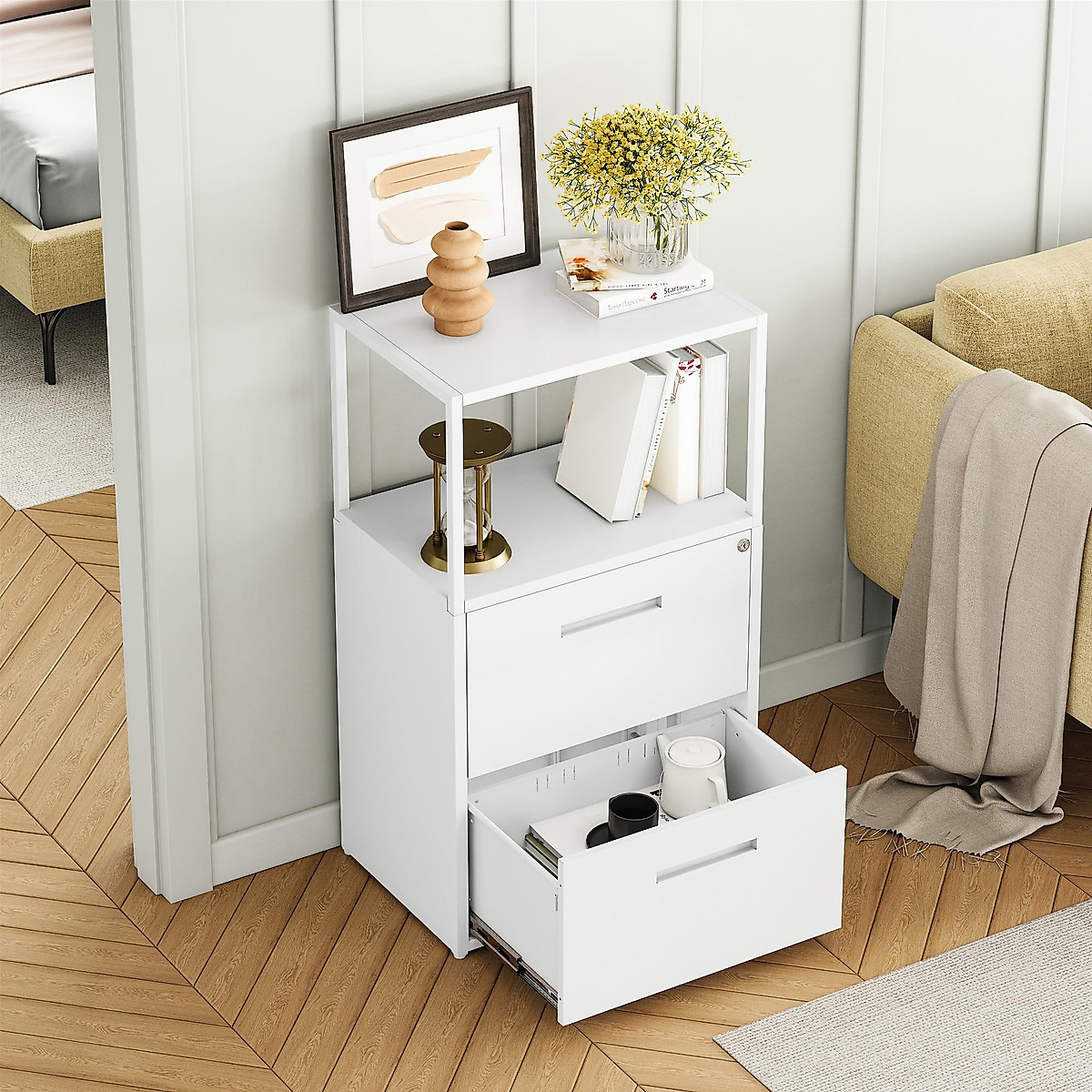 Fesbos File Cabinet with Shelves & 2 Lockable Drawers - Home Office Lockable Lateral Filing Cabinet for Hanging Files Letter/Legal/F4/A4 Size - Assembly Required