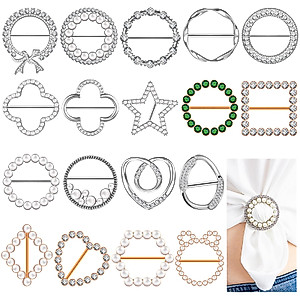 Juexica 18 Pcs T Shirt Clips Ties for Women Scarf Ring Clips Waist Round Metal Alloy Scarf Buckle with Rhinestone and Pearl(Classic)