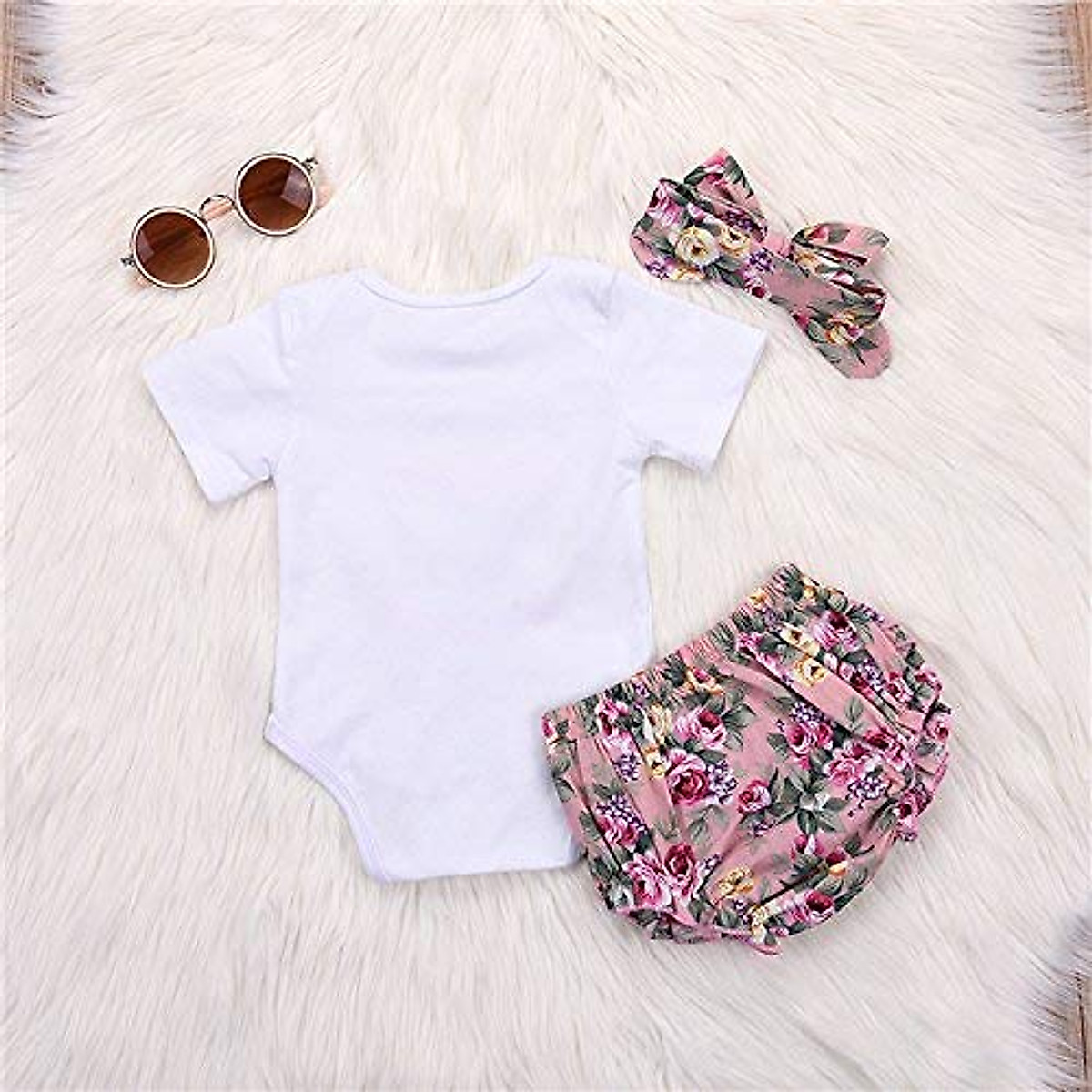 IWOKA 3Pcs Newborn Baby Girl Short Sleeve Letters Romper Jumpsuit+Pant Shorts+Headband Bodysuit Outfit (White, 6-12Months)