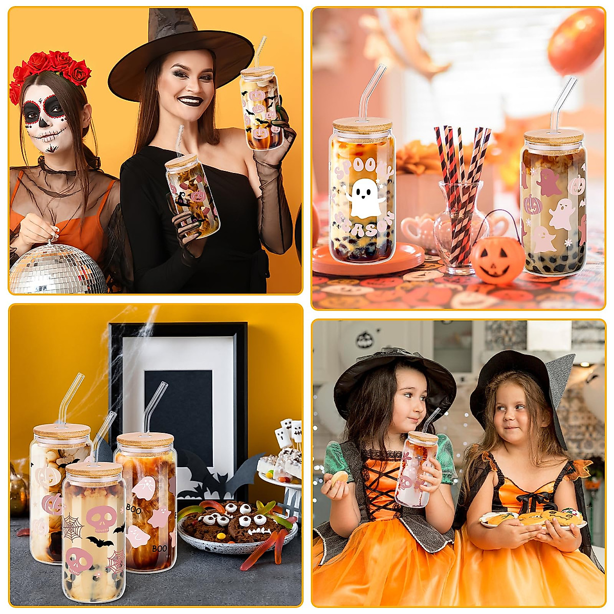 8 Pcs Pink Ghost Halloween Glasses Cups, 16 oz Cute Halloween Spooky Glass Cups with Lids and Straws Ghost Pumpkin Bat Iced Coffee Cups, Glasses Drinking for Halloween Party Gift