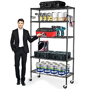 YNN Wire Shelving,1750Lbs Capacity 5 Tier Heavy Duty NSF Wire Shelf with Rolling Wheels Black Metal Storage Shelves Adjustable Wire Rack Unit 36" W x 14" D x 72" H for Kitchen Bathroom Garage Closet