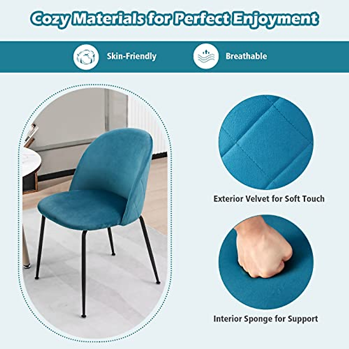 Giantex Modern Velvet Dining Chairs Set of 2 - Comfy Vanity Desk Chair for Living Room, Bedroom, Classic Upholstered Dining Room Chairs for Restaurant, Small Space, Teal Blue