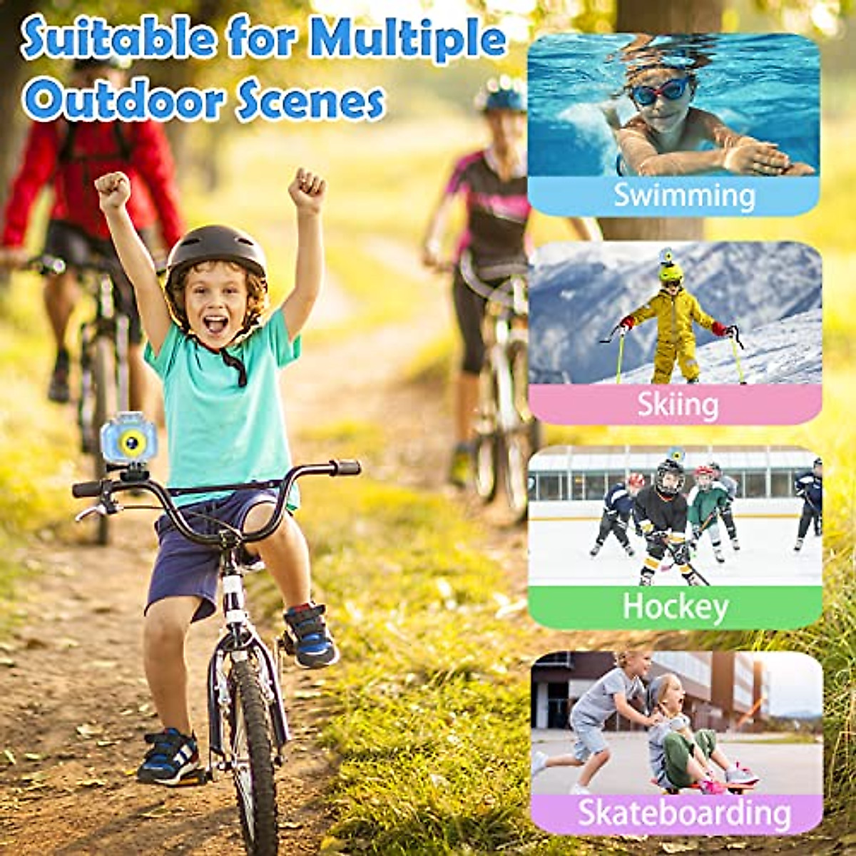 Miiulodi Kids Waterproof Camera - Birthday Gifts for 3 4 5 6 7 8 9 10 Year Old Boys 2 Inch IPS Screen Underwater Action Camera with 32 GB SD Card, Pool Toys for Kids Age 8-12 Blue