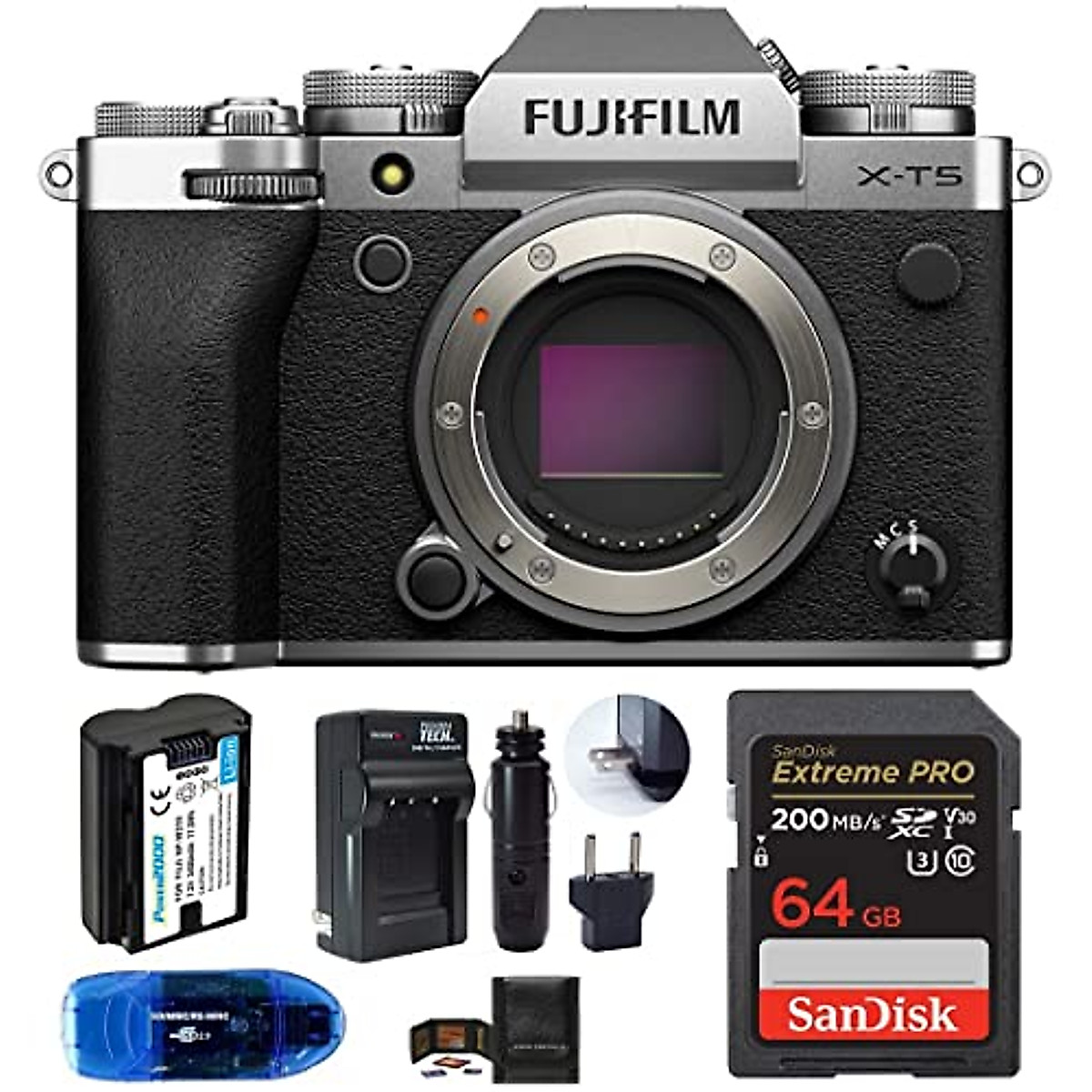 Fujifilm X-T5 Mirrorless Digital Camera Body Bundle, Includes: SanDisk 64GB Extreme PRO SDXC Memory Card, Spare Battery + More (6 Items) (Silver)
