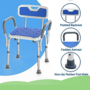 Loyoda Medical Shower Chair with Arms,Sturdy Aluminum Alloy Bath Chair,Slip Resistant Shower Bench,Height-Adjustable Shower Seat with Padded Handles for Elderly