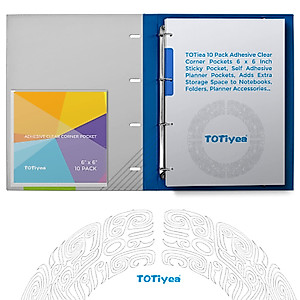 TOTiyea 10 Pack Adhesive Clear Corner Pockets 6 x 6 Inch Sticky Pocket, Self Adhesive Planner Pockets, Adds Extra Storage Space to Notebooks, Folders, Planner Accessories