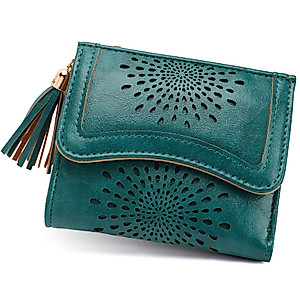 APHISON Small Wallet for Women, Sunflower RFID Wallet Women Leather Womens Wallet Cute Compact Bifold Wallets Zipper Tassel Coin Purse ID Card Holder Peacock Blue