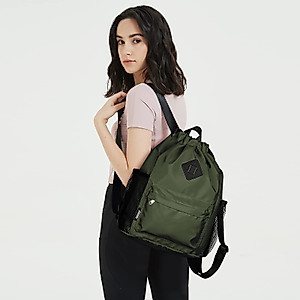 WANDF Drawstring Backpack Sports Gym Bag with Shoes Compartment, Water-Resistant String Backpack Cinch for Women Men (Small,Dark green)