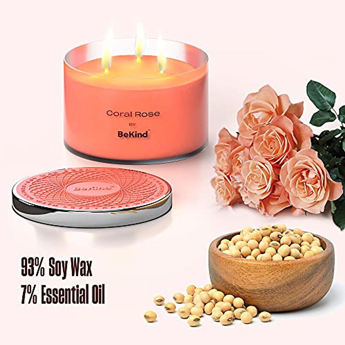 Bekind Large Jar Candles - 3-Wick Scented Candle for Home, Energy Candle Aromatherapy, Natural Soy Wax and Air Freshener Fragrance, Perfect Birthday Gifts for Women, Best Friend - 14oz(Coral Rose)