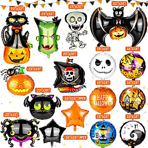 20 Pcs Halloween Balloons, Large 30IN Bat, Pumpkin, Spider, Skeleton Skull, Star Shape Mylar Balloon, Black & Orange & Purple Helium Foil Balloon for Party Decorations
