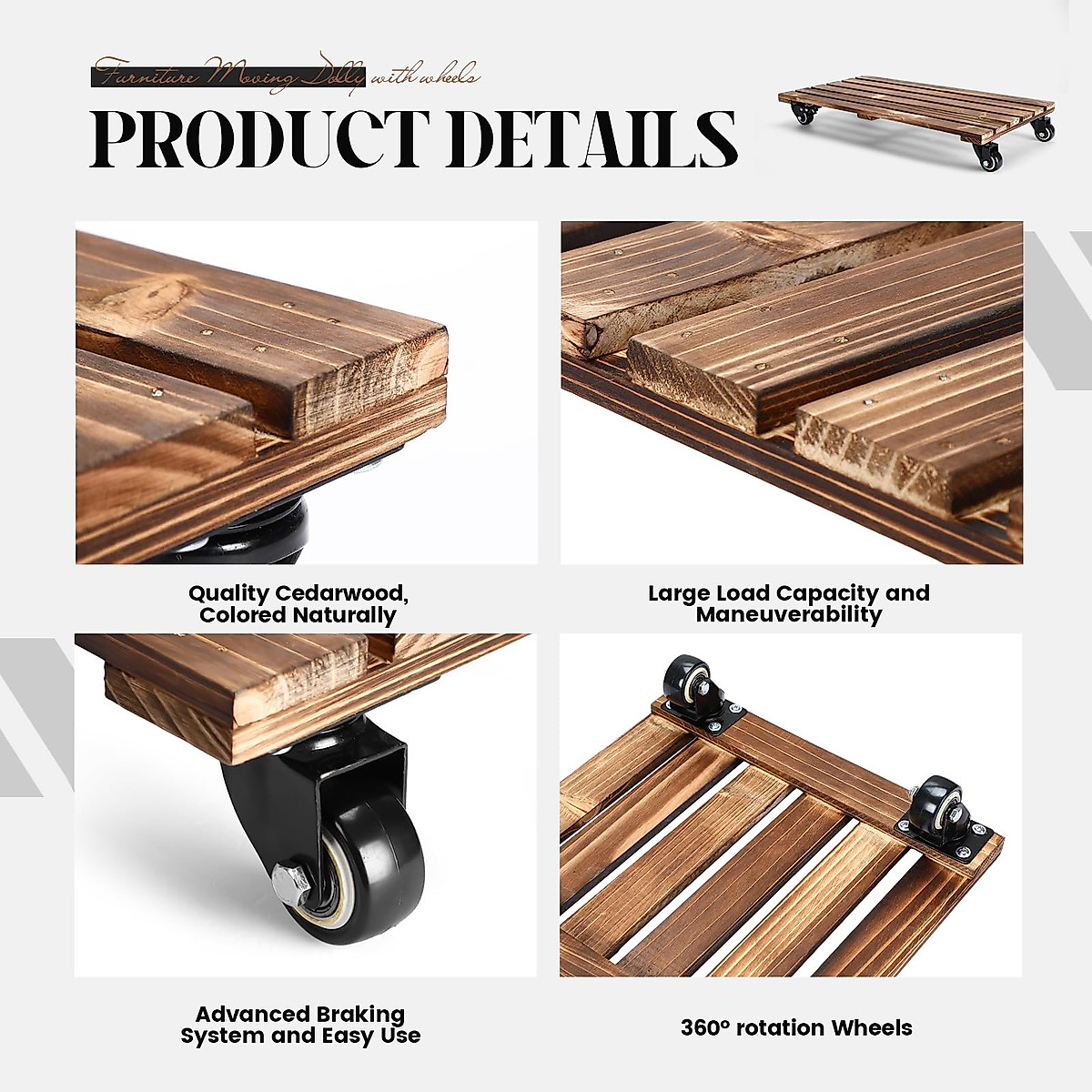 Seeloowy 2 Pack 22'' x 11.5'' Furniture Moving Dolly with 4 Wheels Heavy Duty Wood Rolling Movers Dolly Furniture Movers Moving Cart Furniture Rollers for Piano Couch Fridge Heavy Items, Hold 880 lbs