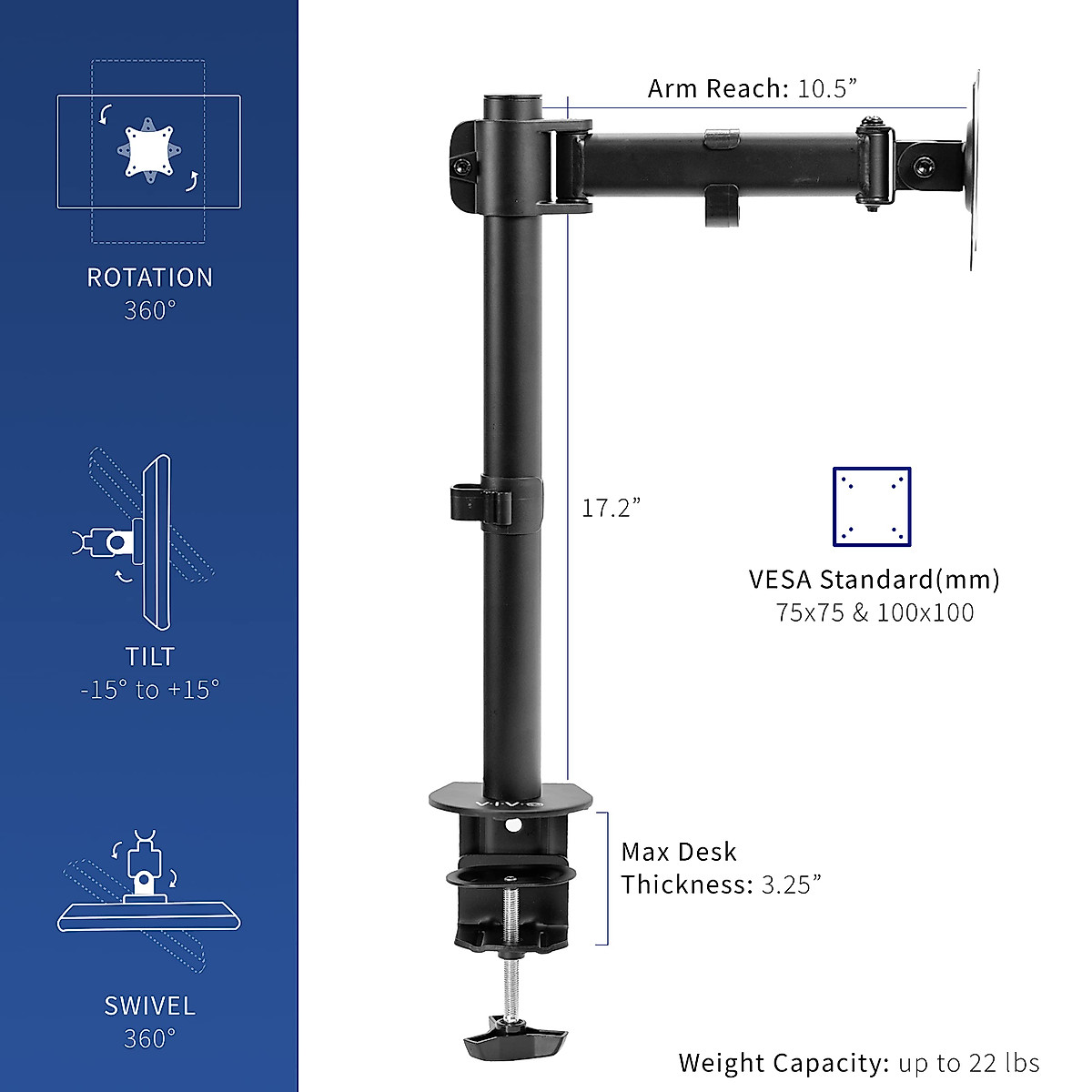 VIVO Single 13 to 32 inch Computer Monitor Desk Mount, Short Adjustable Arm, VESA Stand for 1 Screen, Max VESA 100x100, Black, STAND-V001E