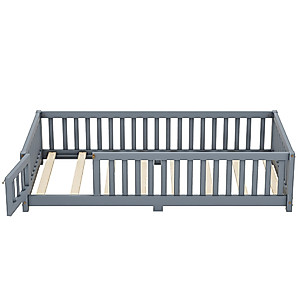 DNYN Twin Size Floor Bed for Kids Bedroom,Solid Wood Bedframe w/Door/Safety Guardrails/Wood Slat Support/Easy Assemble/Space Saving Design/No Box Spring Needed, Gray