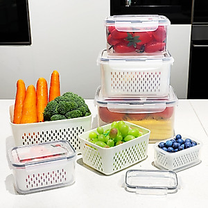 5 Pack Fruit Storage Containers for Fridge: Large Produce Containers with Removable Colander, Veggie Berry Storage Containers for Refrigerator, Dishwasher & Microwave Safe Keep Vegetable Food Fresh