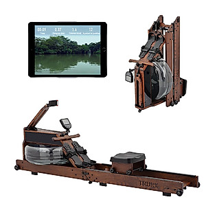 TRUNK Foldable Water Rowing Machine for Home Gym Fitness, Classic Solid Wood Rower Machine with Bluetooth Monitor Whole Body Exercise Cardio Training (Included a Phone Holder)