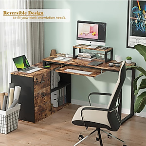 Hsozptry L Shaped Desk with Power Outlet & Drawers, Reversible Corner Computer Desk with Keyboard Tray, Monitor Stand & Storage Shelve, Large Home Office Desk, Rustic Brown