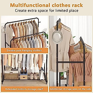 Laiensia Double Rods Garment Rack with Wheels, Clothing Rack for Hanging Clothes,4 Hooks, Multi-functional Bedroom Clothes Rack, Black